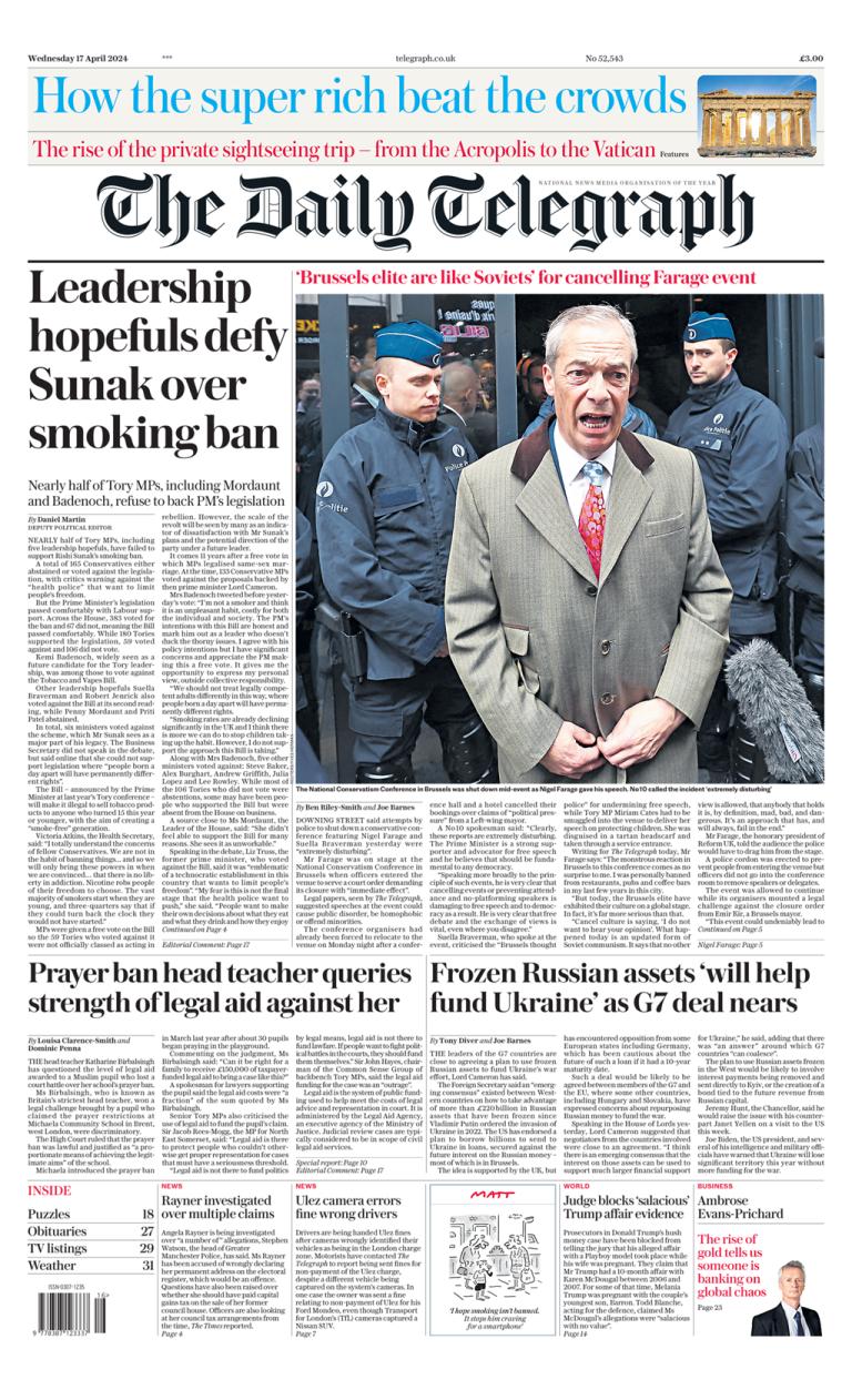Daily Telegraph Front Page 17th of April 2024 - Tomorrow's Papers Today!