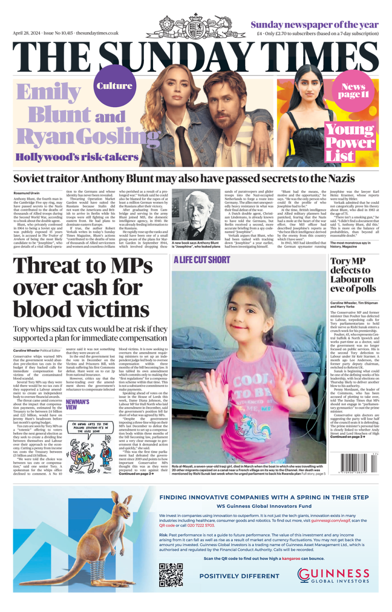 Sunday Times Front Page 28th of April 2024 - Tomorrow's Papers Today!