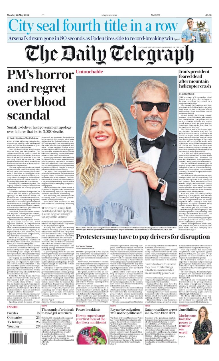 Daily Telegraph Front Page 20th of May 2024 - Tomorrow's Papers Today!