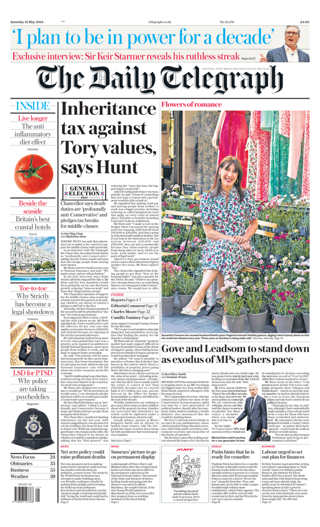 Daily Telegraph Front Page 25th of May 2024 - Tomorrow's Papers Today!