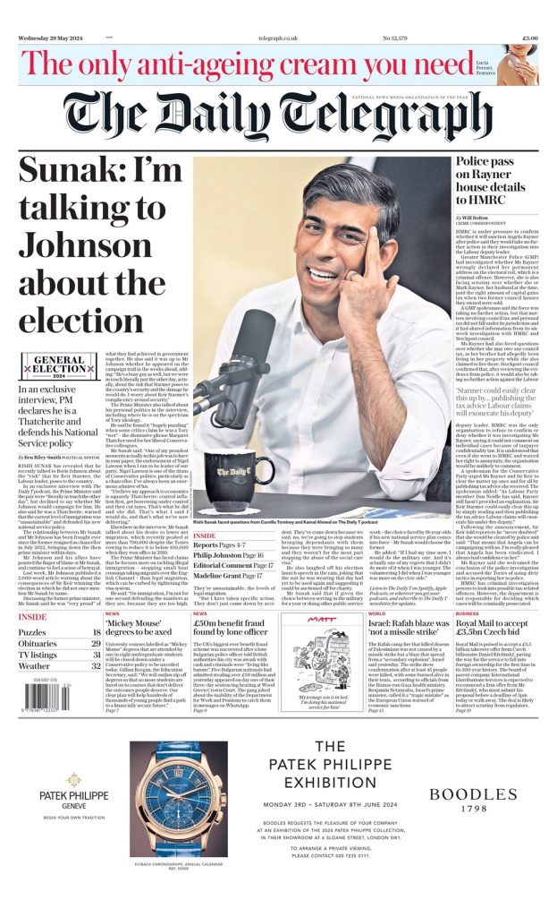 Daily Telegraph Front Page 29th of May 2024 - Tomorrow's Papers Today!