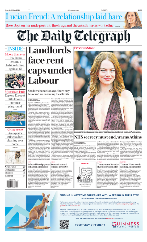 Daily Telegraph Front Page 18th of May 2024 - Tomorrow's Papers Today!