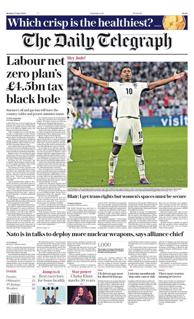 Daily Telegraph Front Page 17th of June 2024 - Tomorrow's Papers Today!