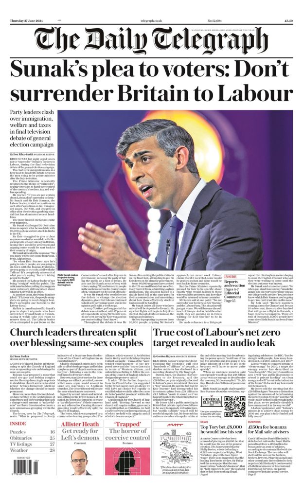 Daily Telegraph Front Page 27th of June 2024 - Tomorrow's Papers Today!
