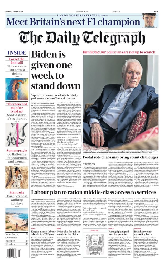 Daily Telegraph Front Page 29th of June 2024 - Tomorrow's Papers Today!