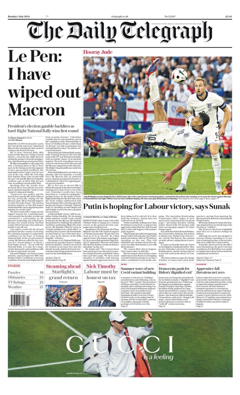 Daily Telegraph Front Page 1st of July 2024 - Tomorrow's Papers Today!