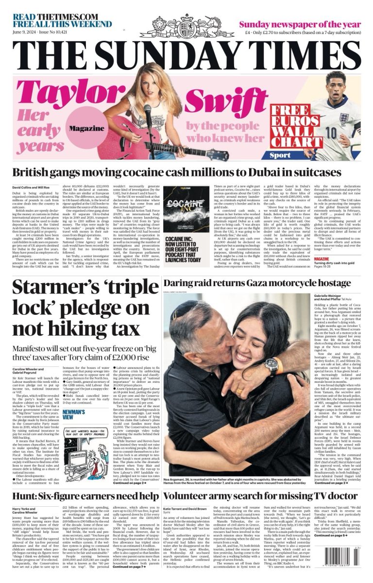 Sunday Times Front Page 9th of June 2024 - Tomorrow's Papers Today!