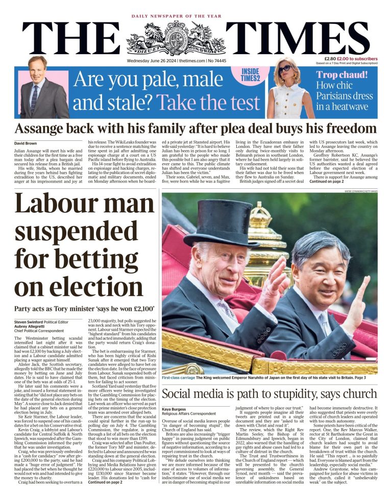 Times Front Page 26th of June 2024 - Tomorrow's Papers Today!