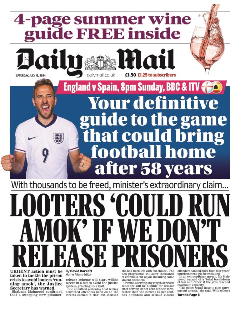 Daily Mail Front Page 13th of July 2024 - Tomorrow's Papers Today!