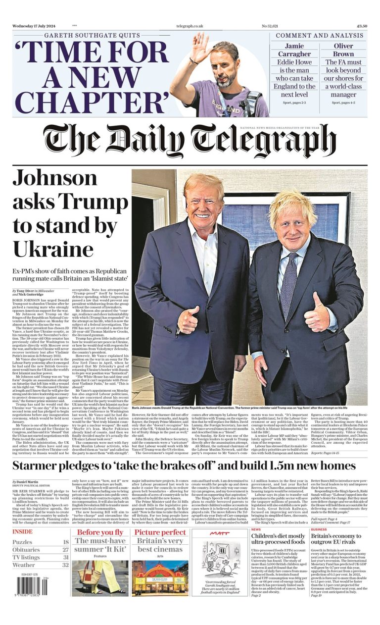 Daily Telegraph Front Page 17th of July 2024 - Tomorrow's Papers Today!
