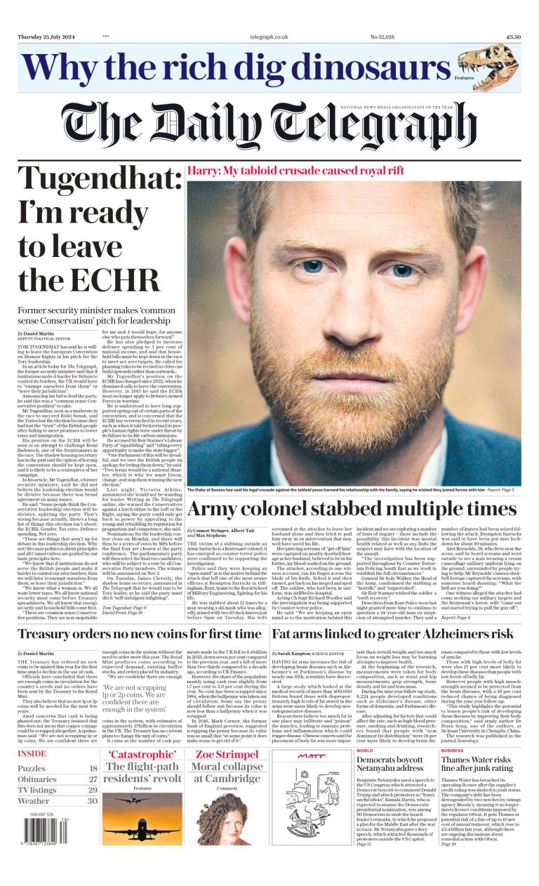 Daily Telegraph Front Page 25th of July 2024 - Tomorrow's Papers Today!