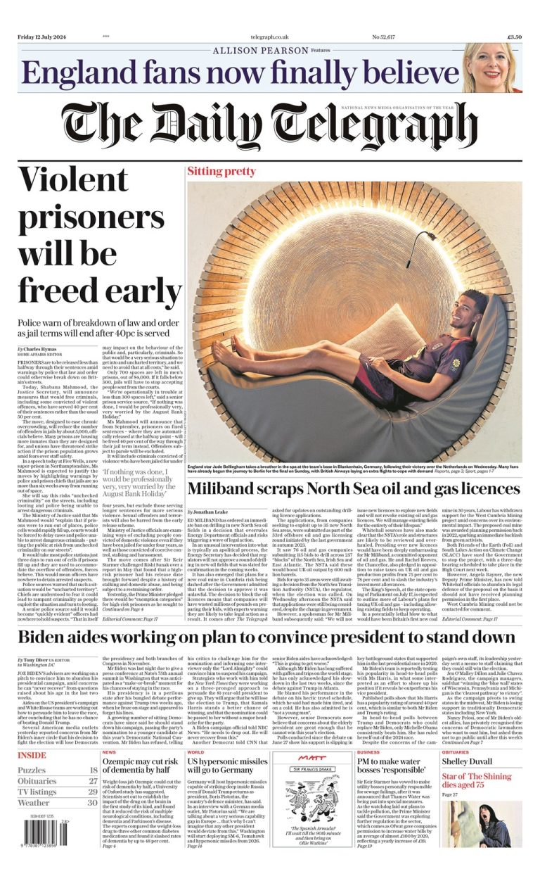 Daily Telegraph Front Page 12th of July 2024 - Tomorrow's Papers Today!