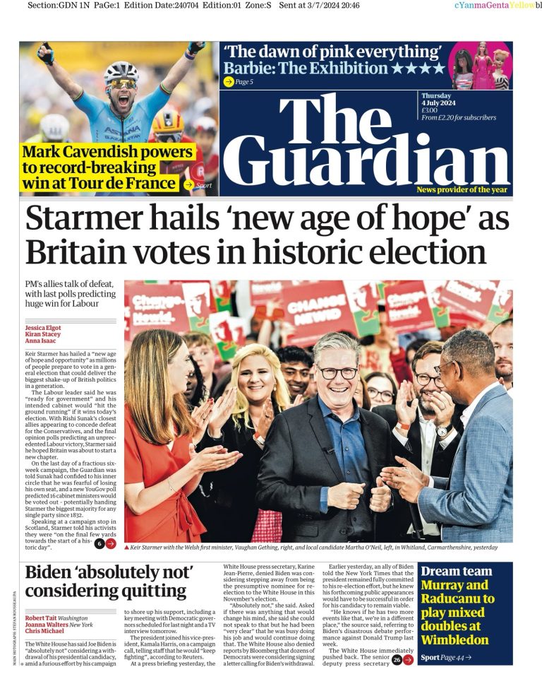 Guardian Front Page 4th of July 2024 - Tomorrow's Papers Today!