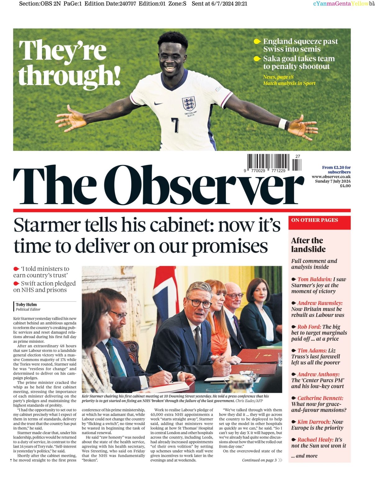 Observer Front Page 7th of July 2024 - Tomorrow's Papers Today!