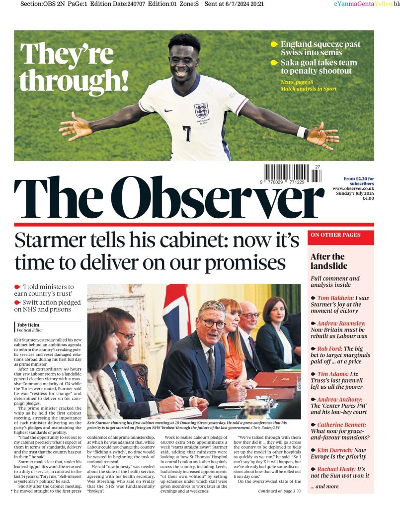 Observer Front Page 7th of July 2024 - Tomorrow's Papers Today!