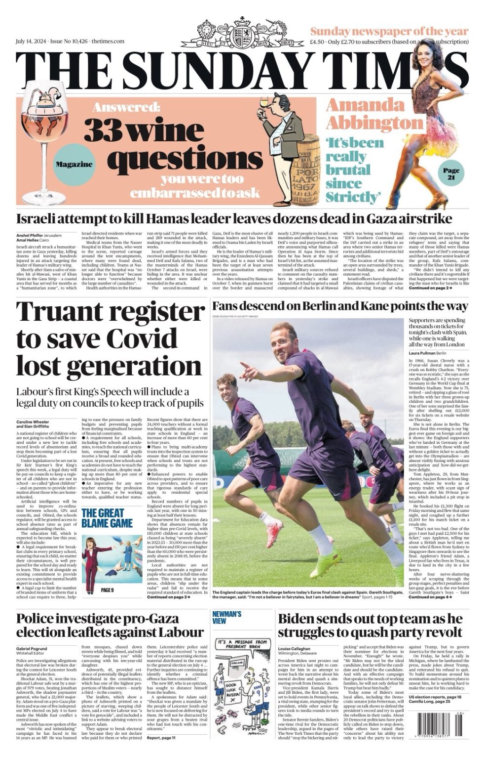 Sunday Times Front Page 14th of July 2024 - Tomorrow's Papers Today!