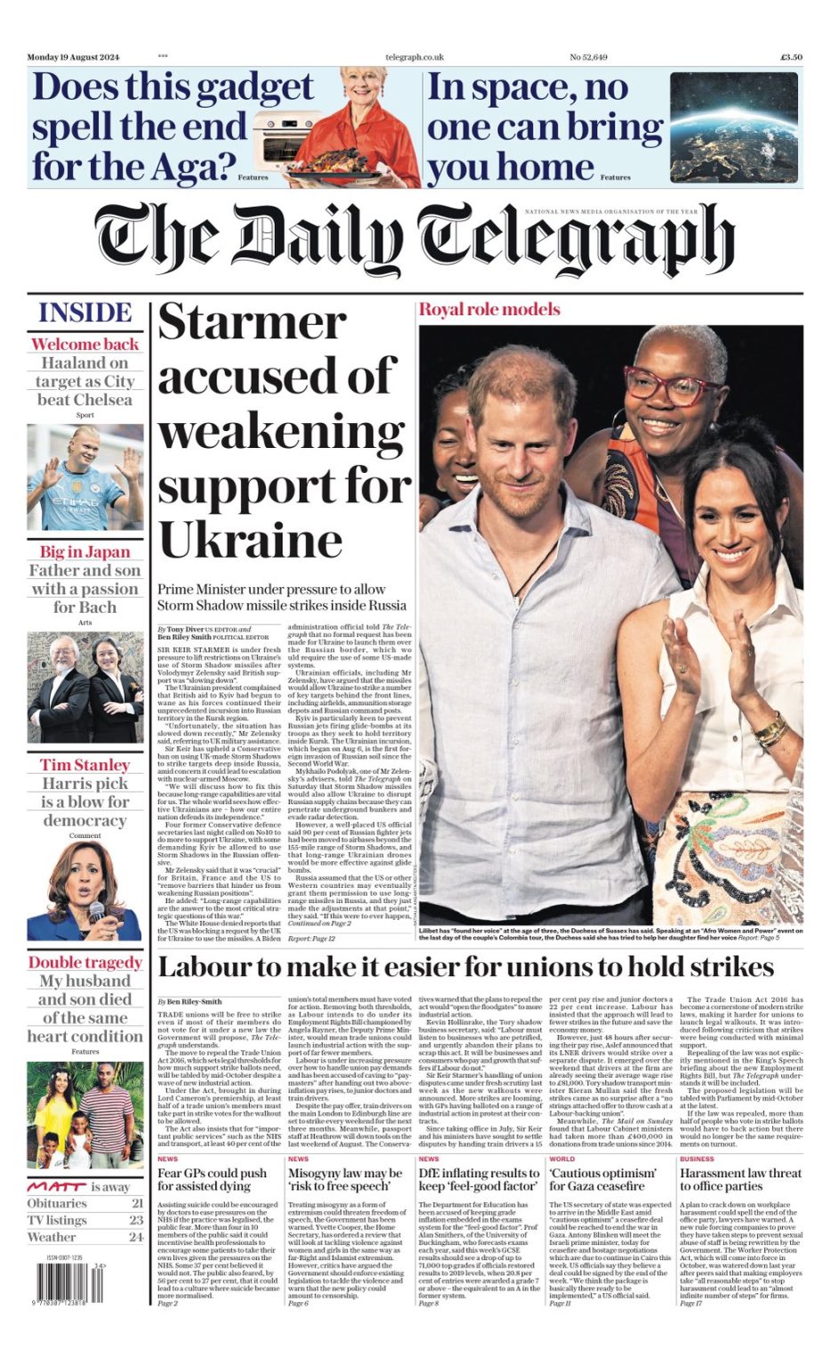 Daily Telegraph Front Page 19th of August 2024 - Tomorrow's Papers Today!