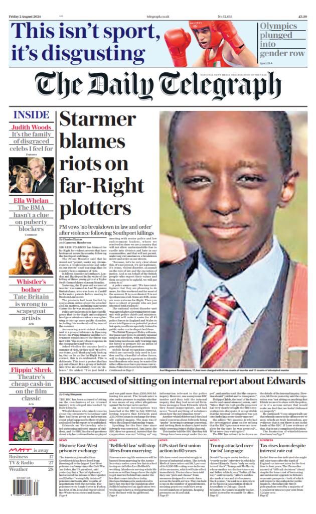 Daily Telegraph Front Page 2nd of August 2024 - Tomorrow's Papers Today!