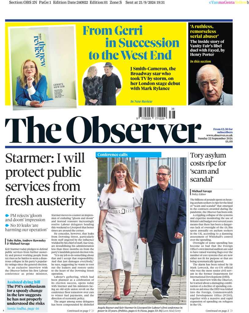 Observer Front Page 22nd of September 2024 - Tomorrow's Papers Today!
