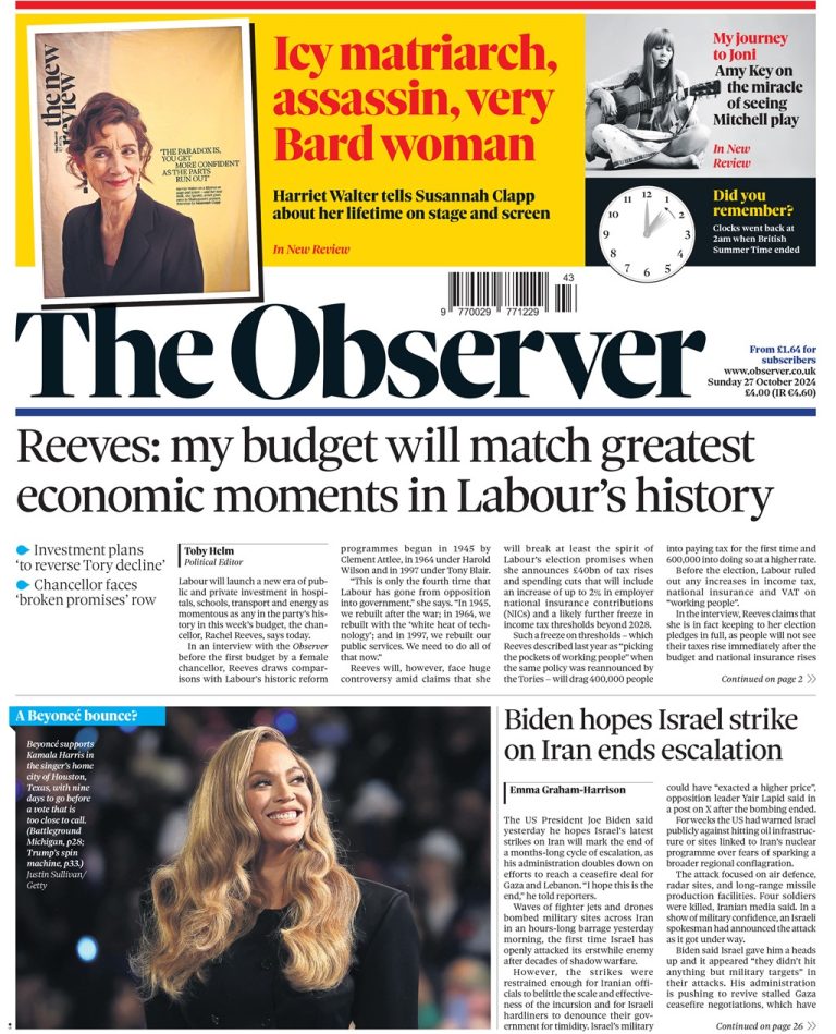 Observer Front Page 27th of October 2024 - Tomorrow's Papers Today!