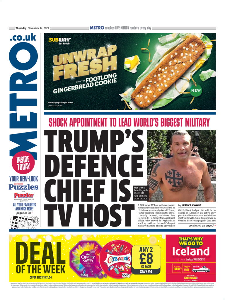 Metro Front Page 14th of November 2024 - Tomorrow's Papers Today!