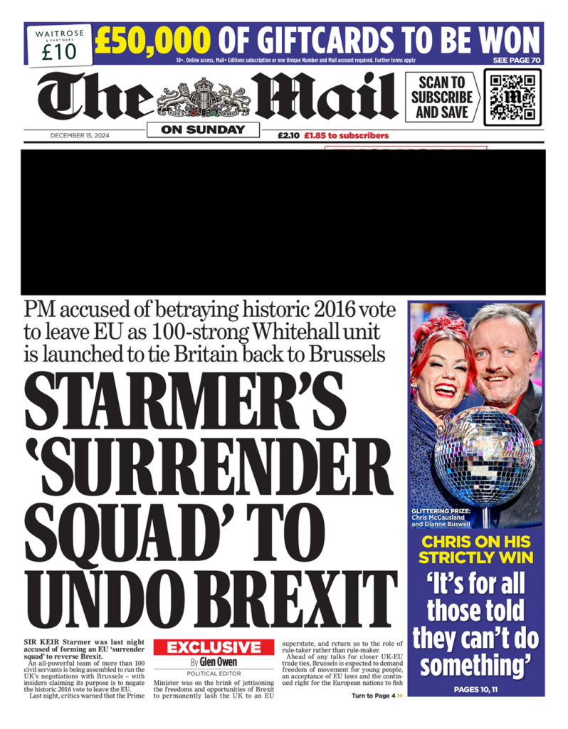 Mail on Sunday Front Page 15th of December 2024 - Tomorrow's Papers Today!