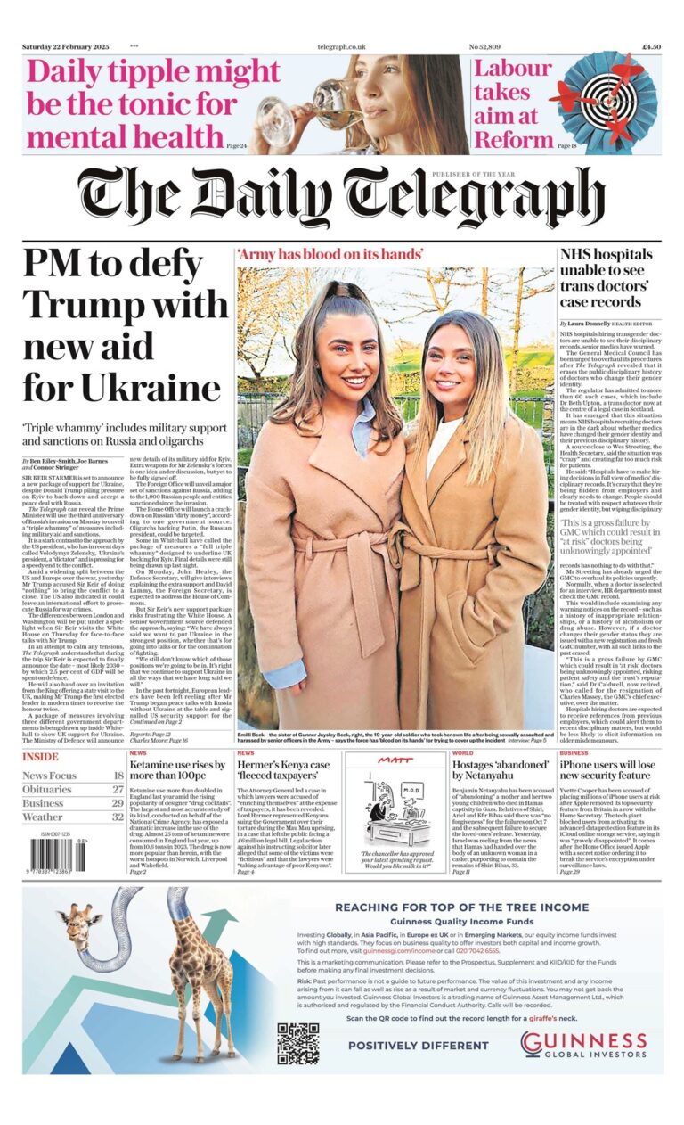 Daily Telegraph Front Page 22nd of February 2025 - Tomorrow's Papers Today!