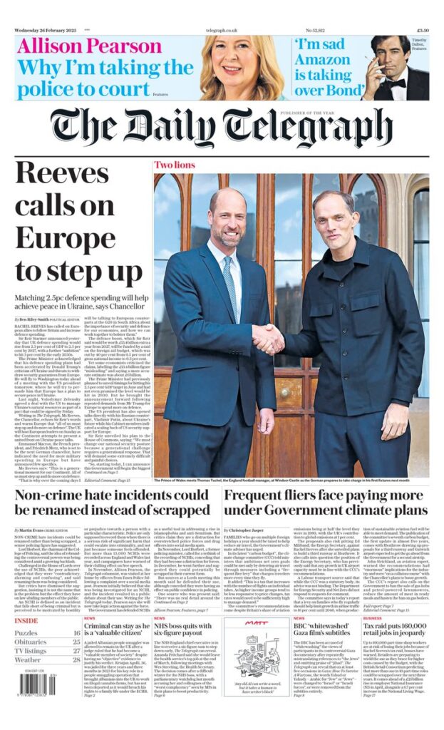 Daily Telegraph Front Page 26th of February 2025 - Tomorrow's Papers Today!