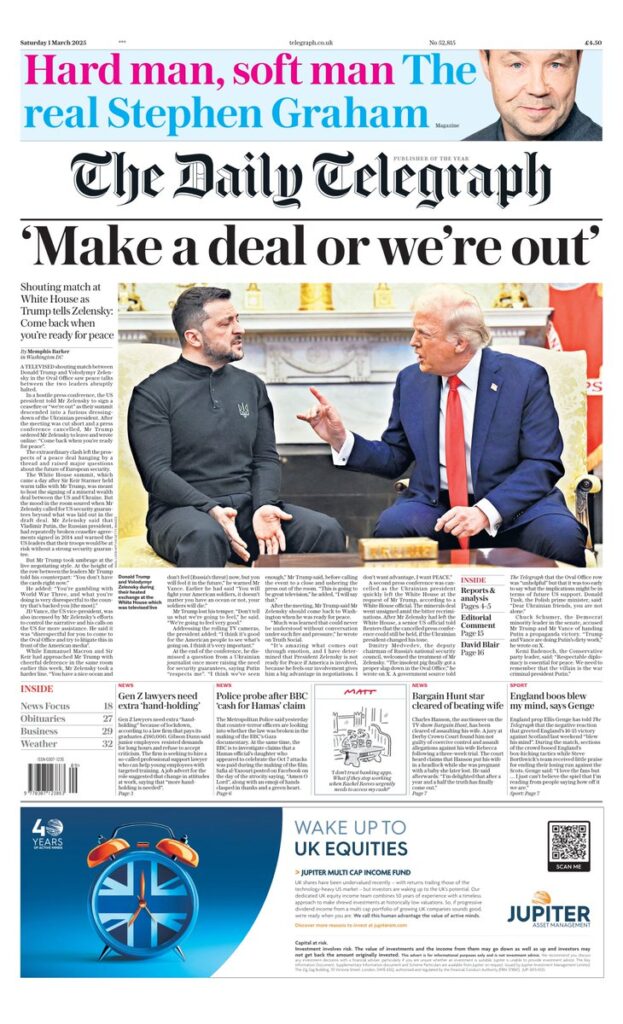 Daily Telegraph Front Page 1st of March 2025 - Tomorrow's Papers Today!