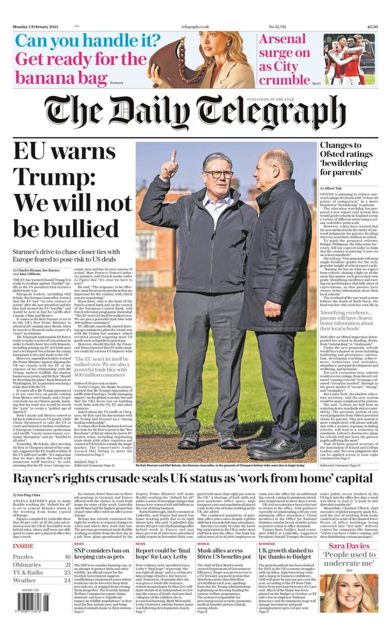 Daily Telegraph Front Page 3rd of February 2025 - Tomorrow's Papers Today!