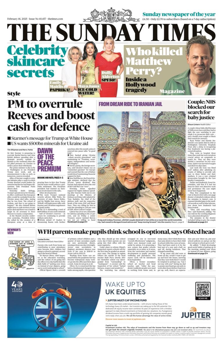 Sunday Times Front Page 16th of February 2025 - Tomorrow's Papers Today!