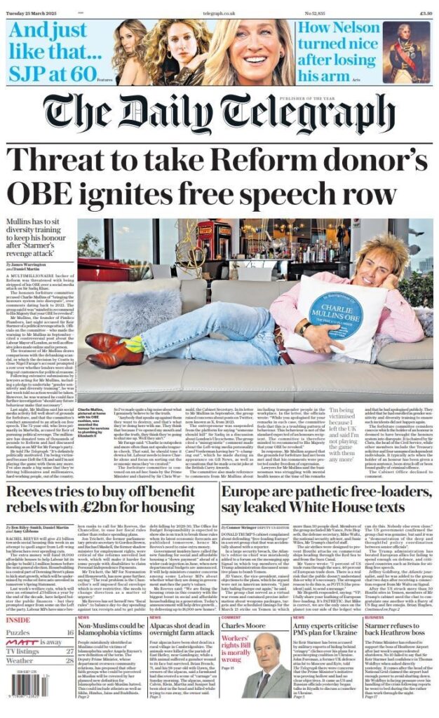 Daily Telegraph Front Page 25th of March 2025 - Tomorrow's Papers Today!