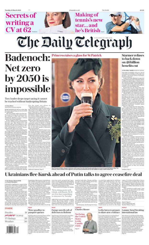 Daily Telegraph Front Page 18th of March 2025 - Tomorrow's Papers Today!