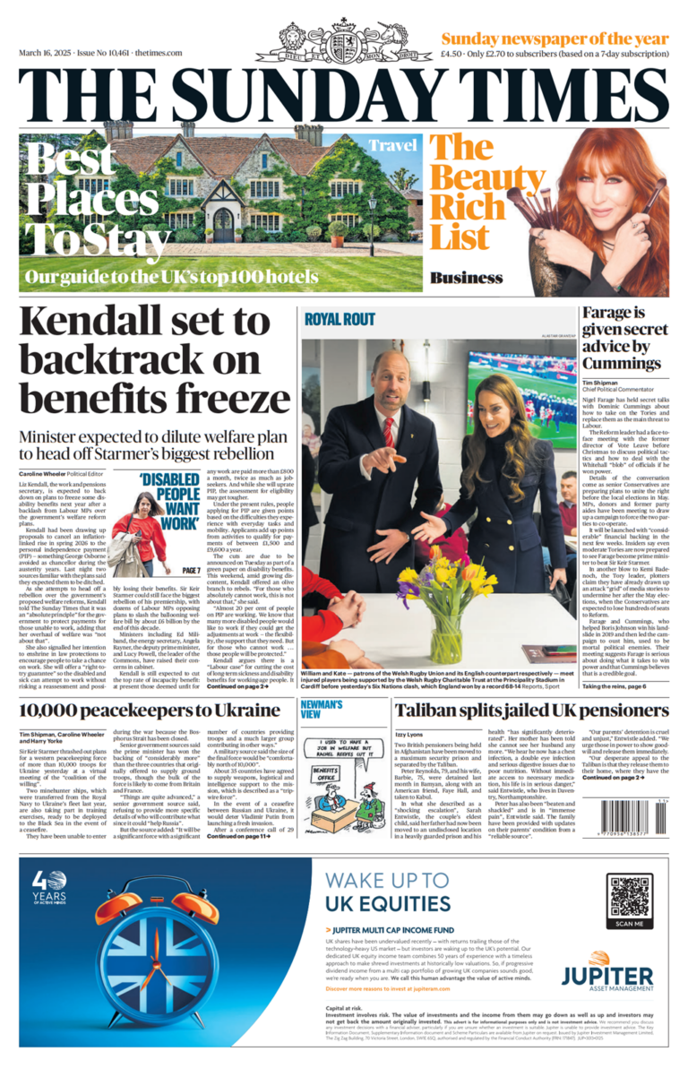 Sunday Times Front Page 16th of March 2025 - Tomorrow's Papers Today!