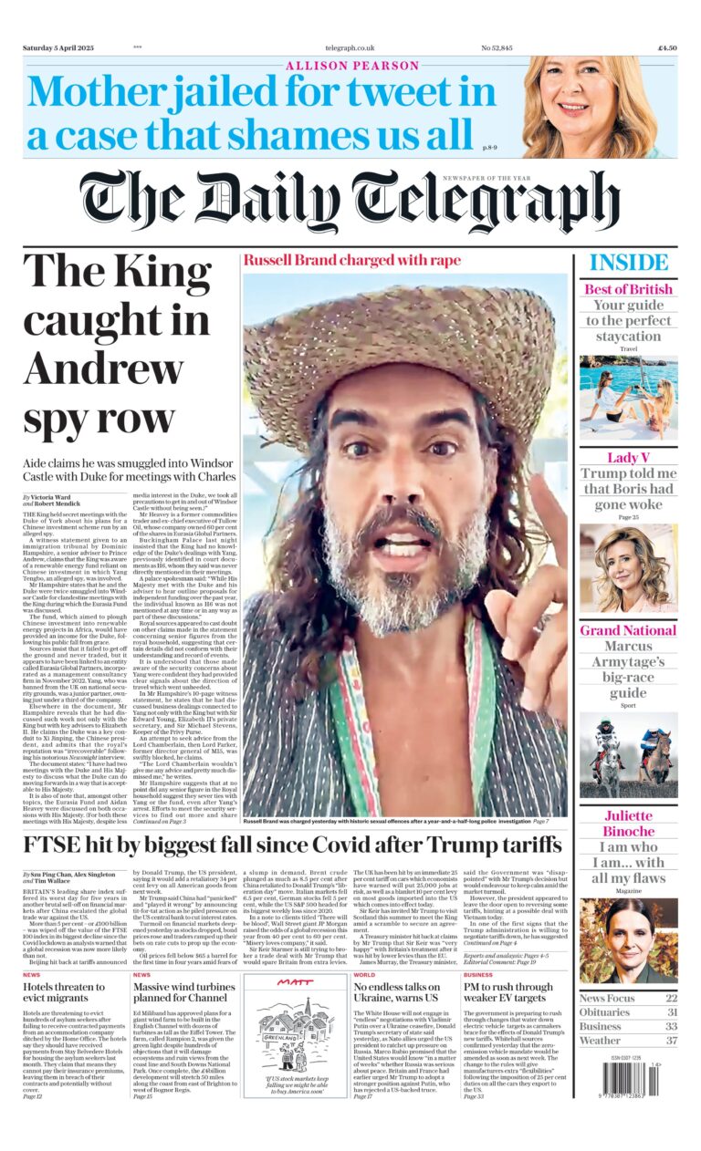 Daily Telegraph Front Page 5th of April 2025 - Tomorrow's Papers Today!