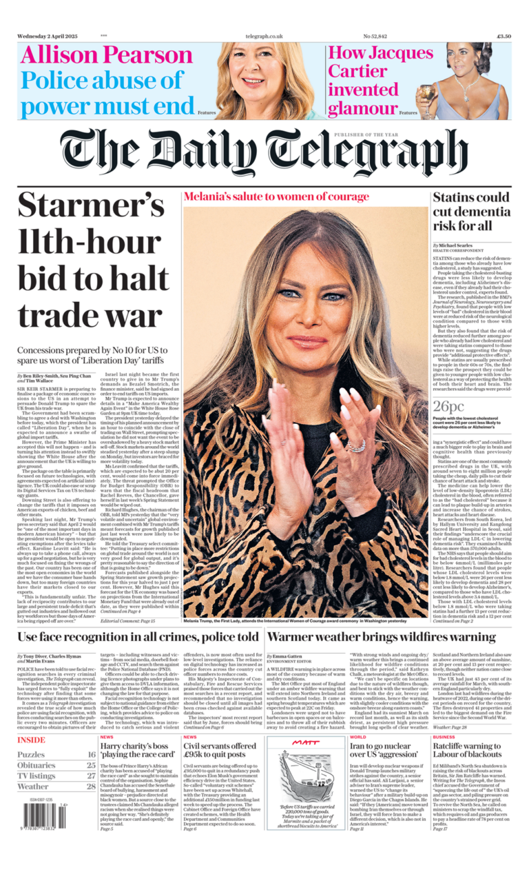 Daily Telegraph Front Page 2nd of April 2025 - Tomorrow's Papers Today!