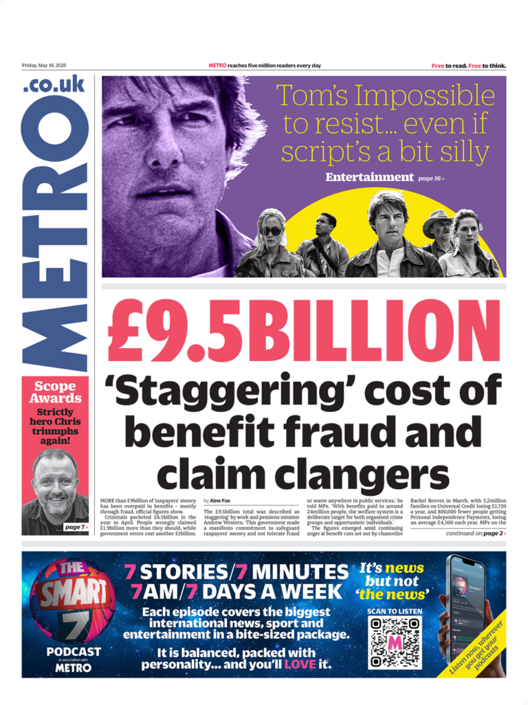 Metro Front Page 16th of May 2025 - Tomorrow's Papers Today!