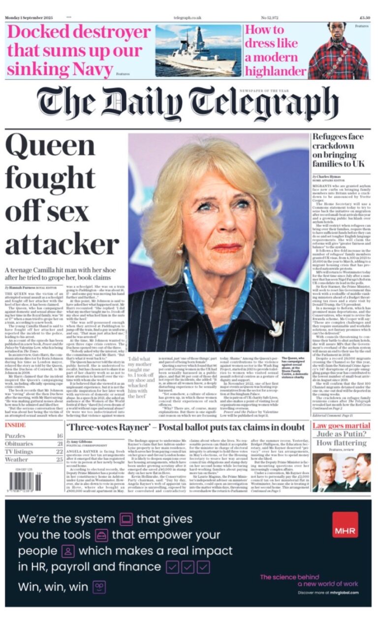 Daily Telegraph Front Page 1st of September 2025 - Tomorrow's Papers Today!