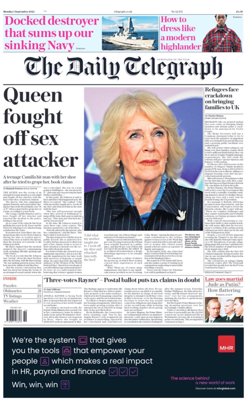 Daily Telegraph Front Page 1st of September 2025 - Tomorrow's Papers Today!