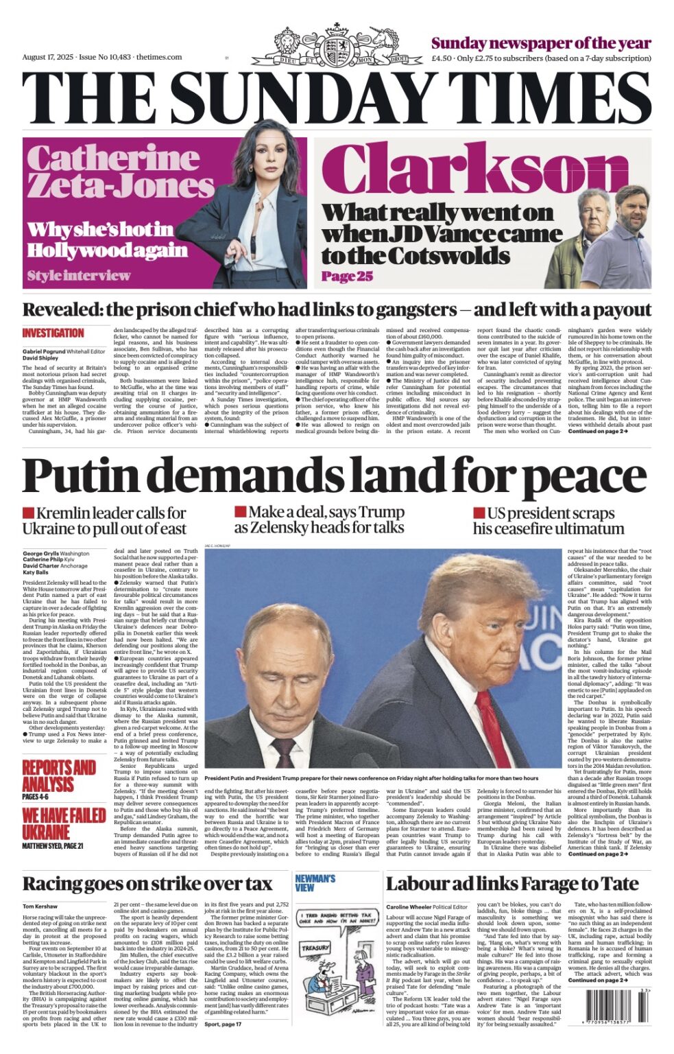 Sunday Times Front Page 17th of August 2025 - Tomorrow's Papers Today!