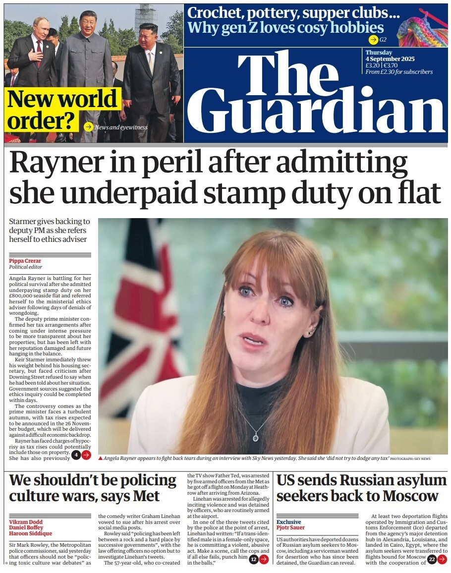 Guardian Front Page 4th of September 2025 - Tomorrow's Papers Today!