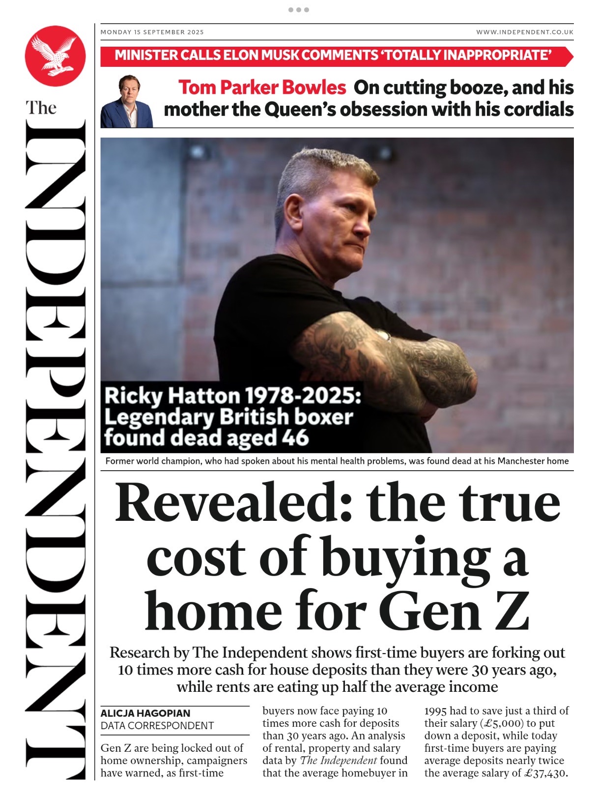 Independent Front Page 15th of September 2025 - Tomorrow's Papers Today!