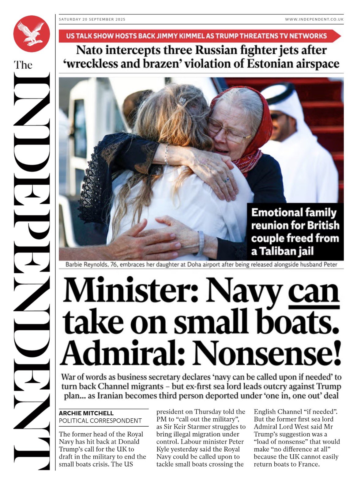 Independent Front Page 20th of September 2025 - Tomorrow's Papers Today!