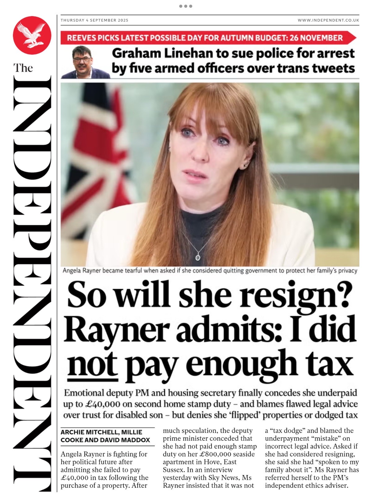 Independent Front Page 4th of September 2025 - Tomorrow's Papers Today!