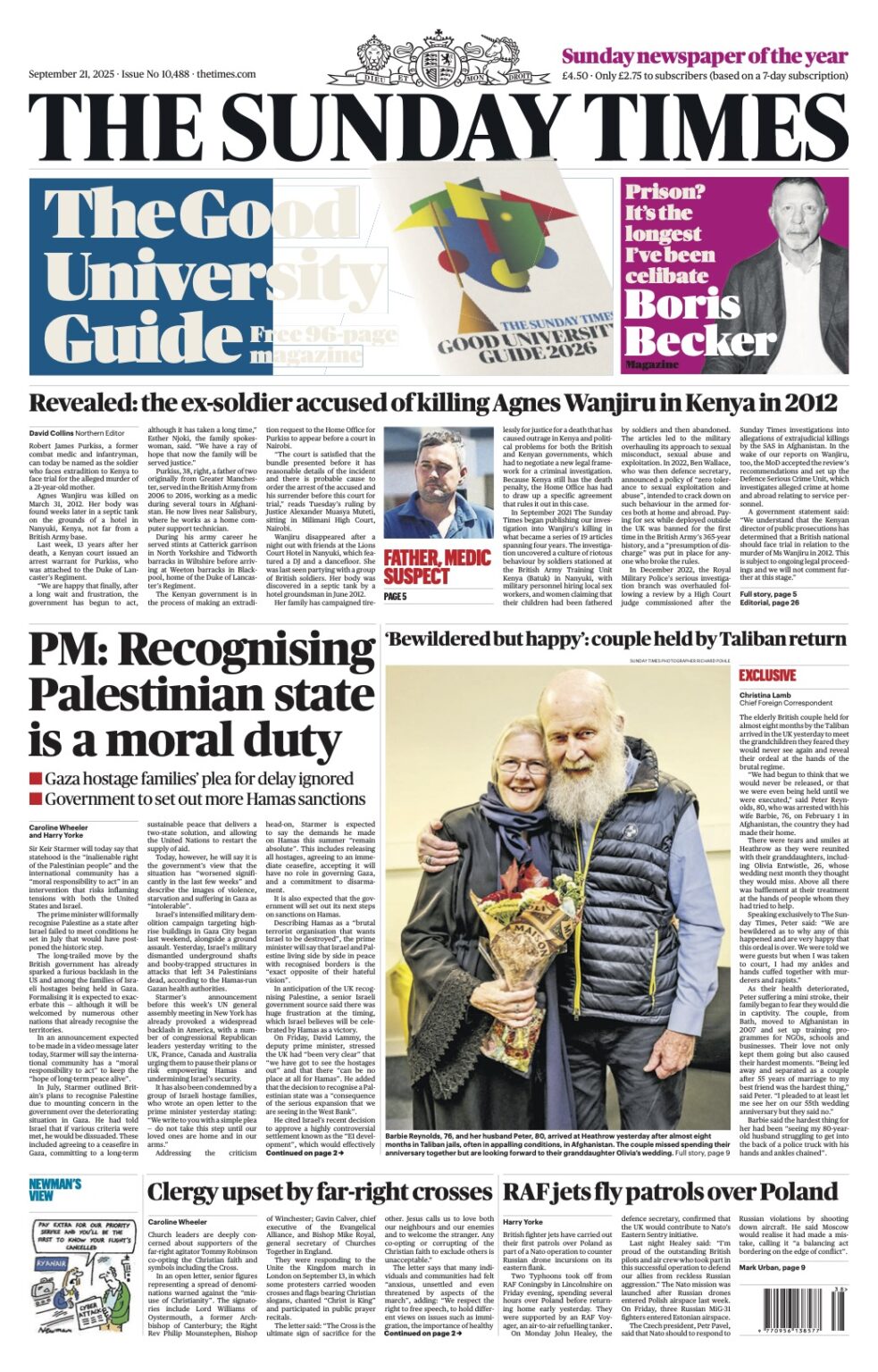 Sunday Times Front Page 21st of September 2025 - Tomorrow's Papers Today!