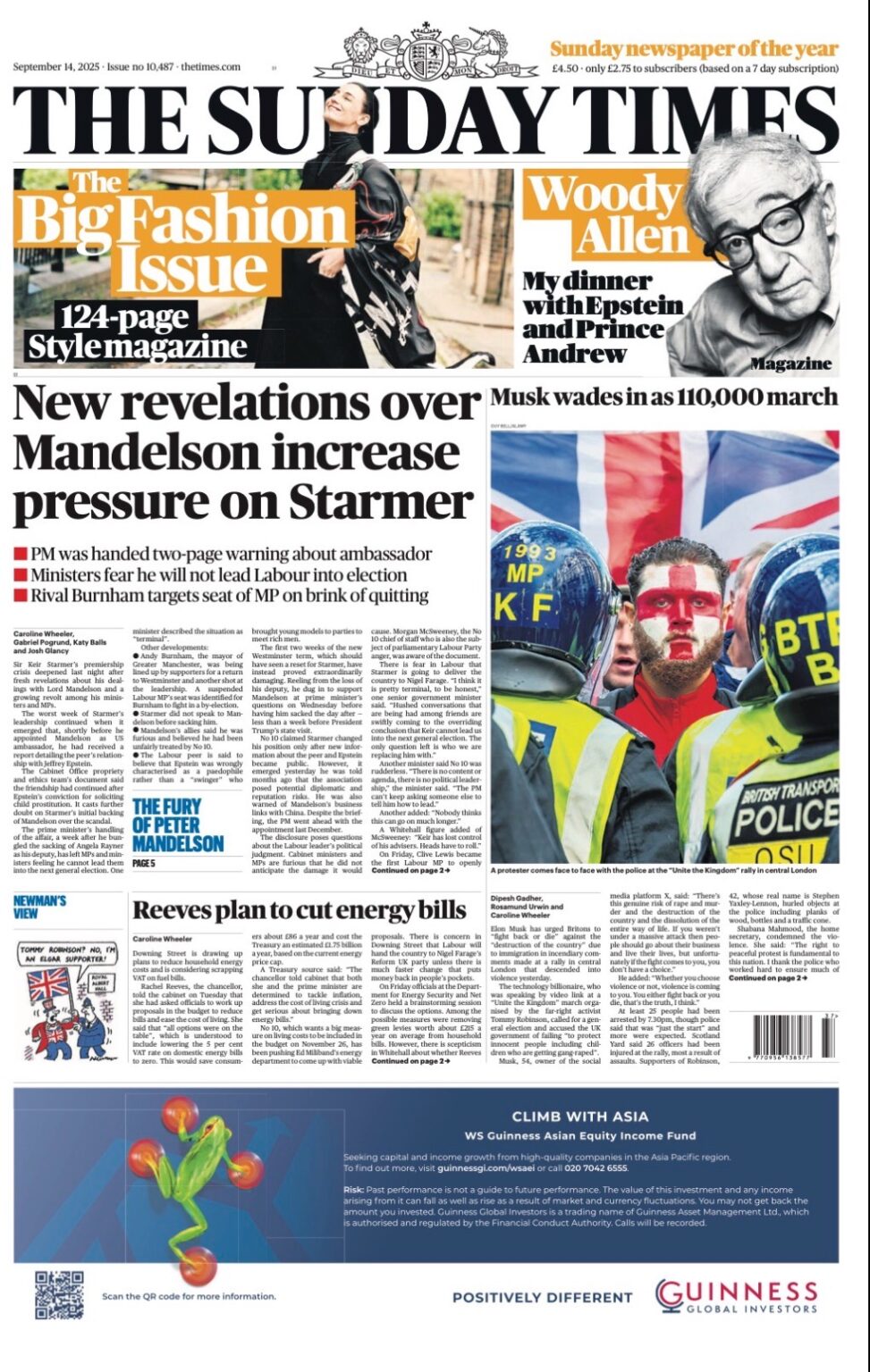 Sunday Times Front Page 14th of September 2025 - Tomorrow's Papers Today!