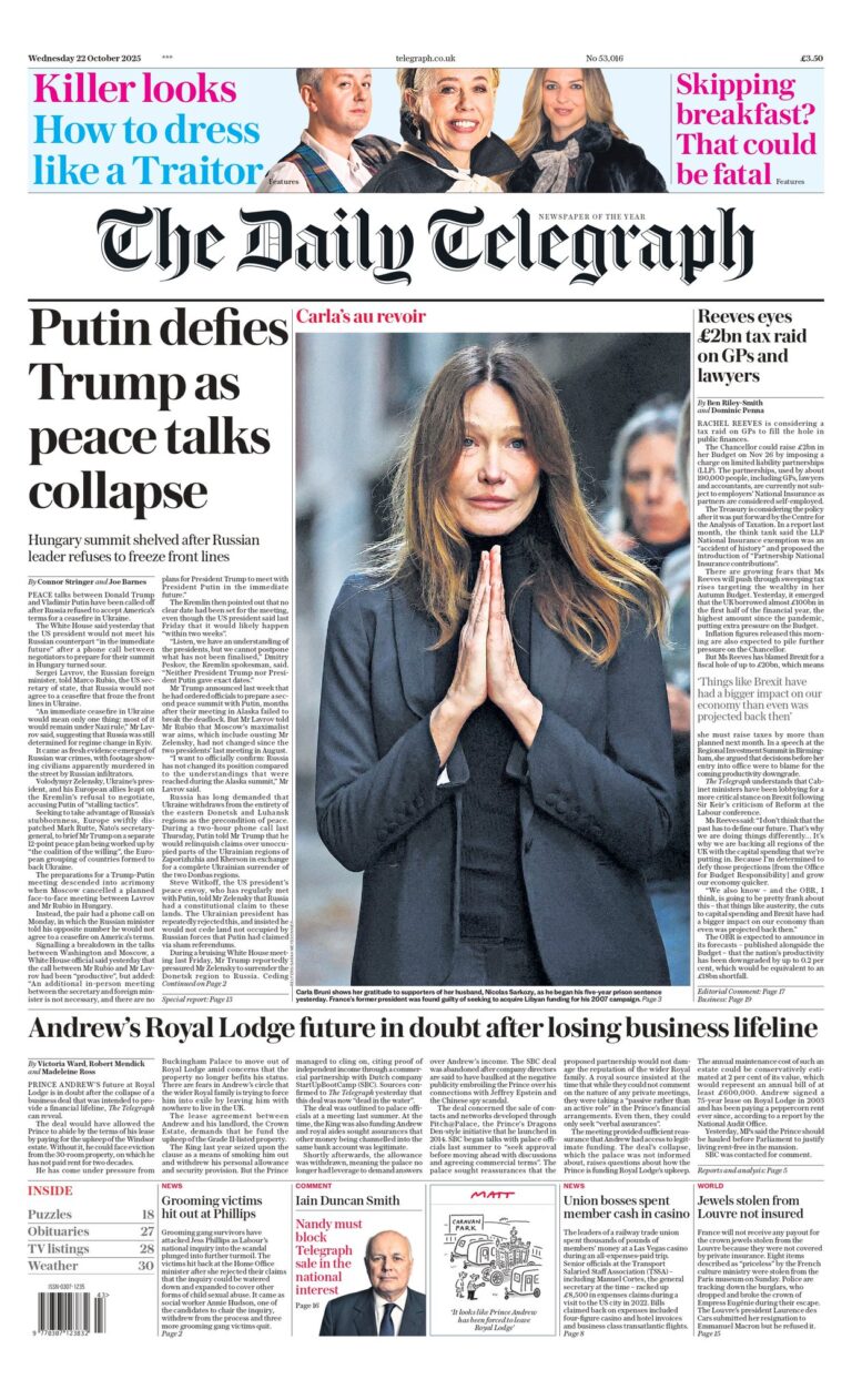 Daily Telegraph Front Page 22nd of October 2025 - Tomorrow's Papers Today!