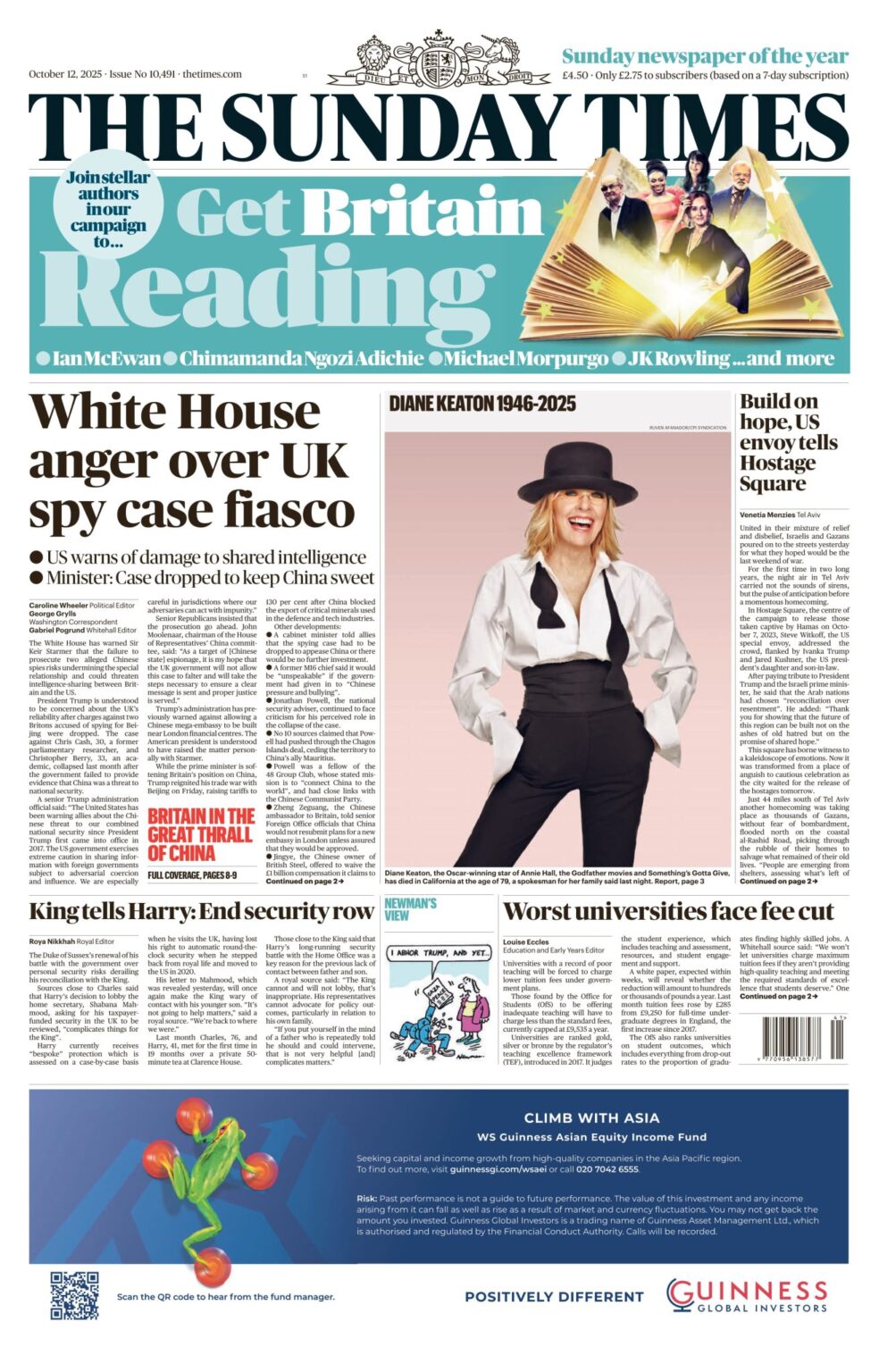 Sunday Times Front Page 12th of October 2025 - Tomorrow's Papers Today!