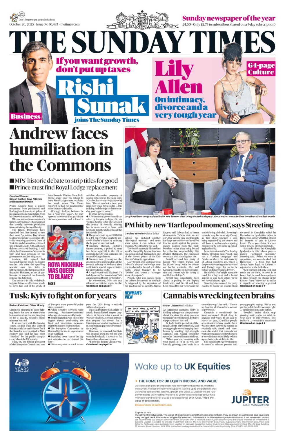 Sunday Times Front Page 26th of October 2025 - Tomorrow's Papers Today!