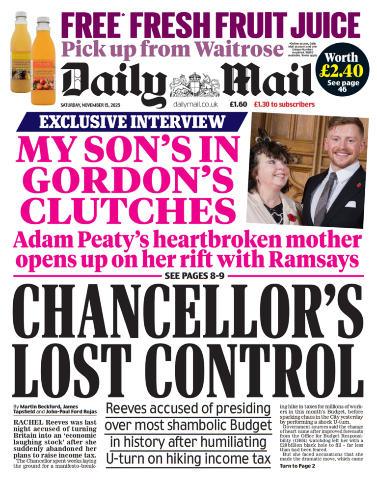 Daily Mail Front Page 15th of November 2025 - Tomorrow's Papers Today!